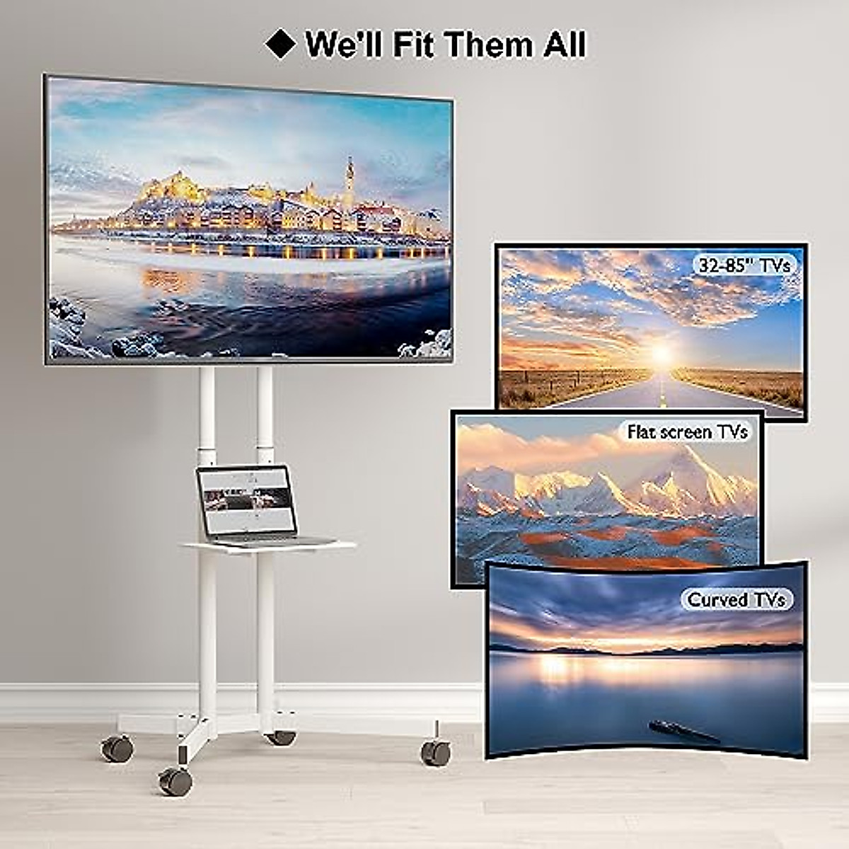 BONTEC Tilt Rolling TV Stand for 32-85Inch LED, LCD, OLED,4k TVs, Mobile Height Adjustable TV Cart with Laptop Shelf and Locking Wheels, Holds Up to 132lbs, Max VESA 600x400mm, White