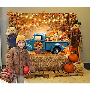 Avezano Fall Forest Blue Truck Photography Backdrop Autumn Harvest Pumpkin Maple Leaves Background Thanksgiving Party Decorations Photo Banner Props(7x5ft)