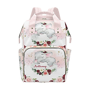 Girl Elephant Pink Floral Personalized Diaper Backpack with Name,Custom Travel DayPack for Nappy Mommy Nursing Baby Bag One Size