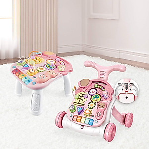 Baby Learning Walker Sit-to-Stand Baby Walker with Wheels Entertainment Table Kids Early Educational Activity Center, Baby Push Walkers for Boys and Girls, Pink