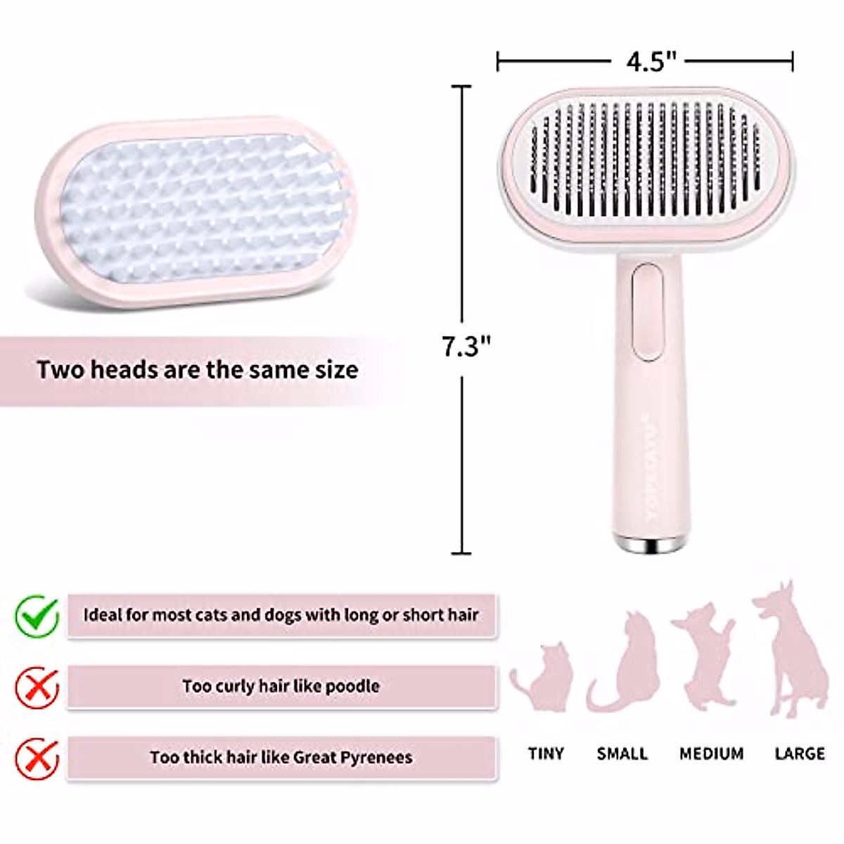 Cat Brushes for Indoor Cats, 2 in 1 Self Cleaning Slicker Brush for Shedding Long Short Haired Dogs, Cat Grooming Brush with Massage, Removes Mats, Tangles, Loose Fur Hair for Large Small Pets, Pink