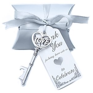 Aokbean 50pcs Skeleton LOVE Key Bottle Openers Pillow Candy Box Escort Thank You Tag Ribbon Wedding Favors Souvenir Gift for Guest Bulk (Antique Silver)