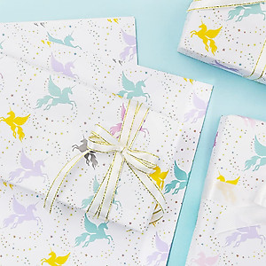 Magic Flying Unicorn Over Rainbow Star Dreams On White Wrapping Paper Sheets, Fantasy Horse With Wings and Horn Gift Wrap for Birthday Wedding Bridal Baby Shower Girl Kids, 4 Sheets Folded Flat 20x28 inches per sheet, 15 sq. ft. ttl.