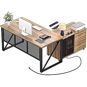 Unikito 55 Inch Executive Desk and Lateral File Cabinet, L Shaped Office Desk with Power Outlet and USB Port, Large Computer Table Home Office Furniture with Drawers and Storage Shelves, Rustic Walnut