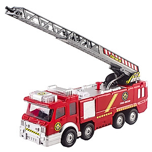Fire Truck Toy Rescue with Shooting Water, Lights and Sirens Sounds, Extending Ladder and Water Pump Hose to Shoot Water, Bump and Go Action by Vokodo