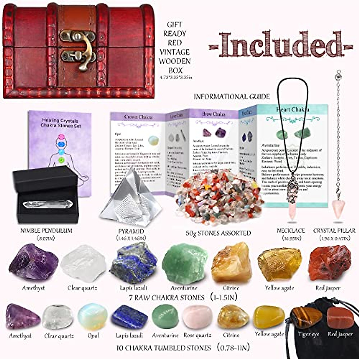 23PCS Natural Crystals and Healing Stones Set, 7 Raw Chakra Stones,10pcs Tumbled Stones, Pink Pillar Crystal Necklaces & Pendulum, White Pyramid & Pillar, 50g Stones Assorted, Wooden Box