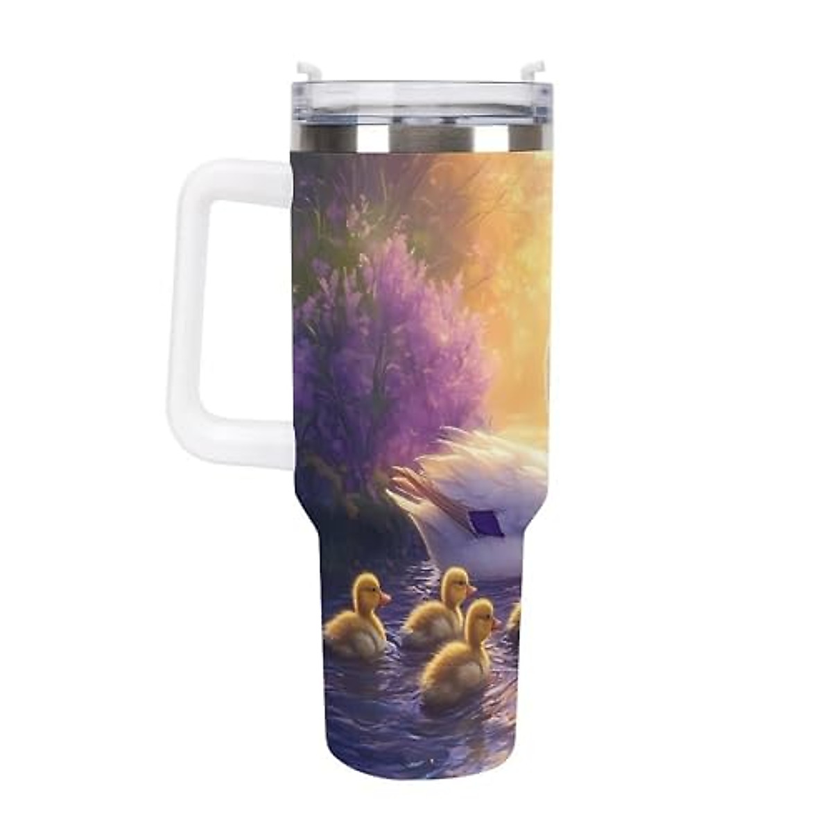 Duck Flowers Tumbler with Handle Travel Mug Water Bottle Tea Coffee Cup White-style