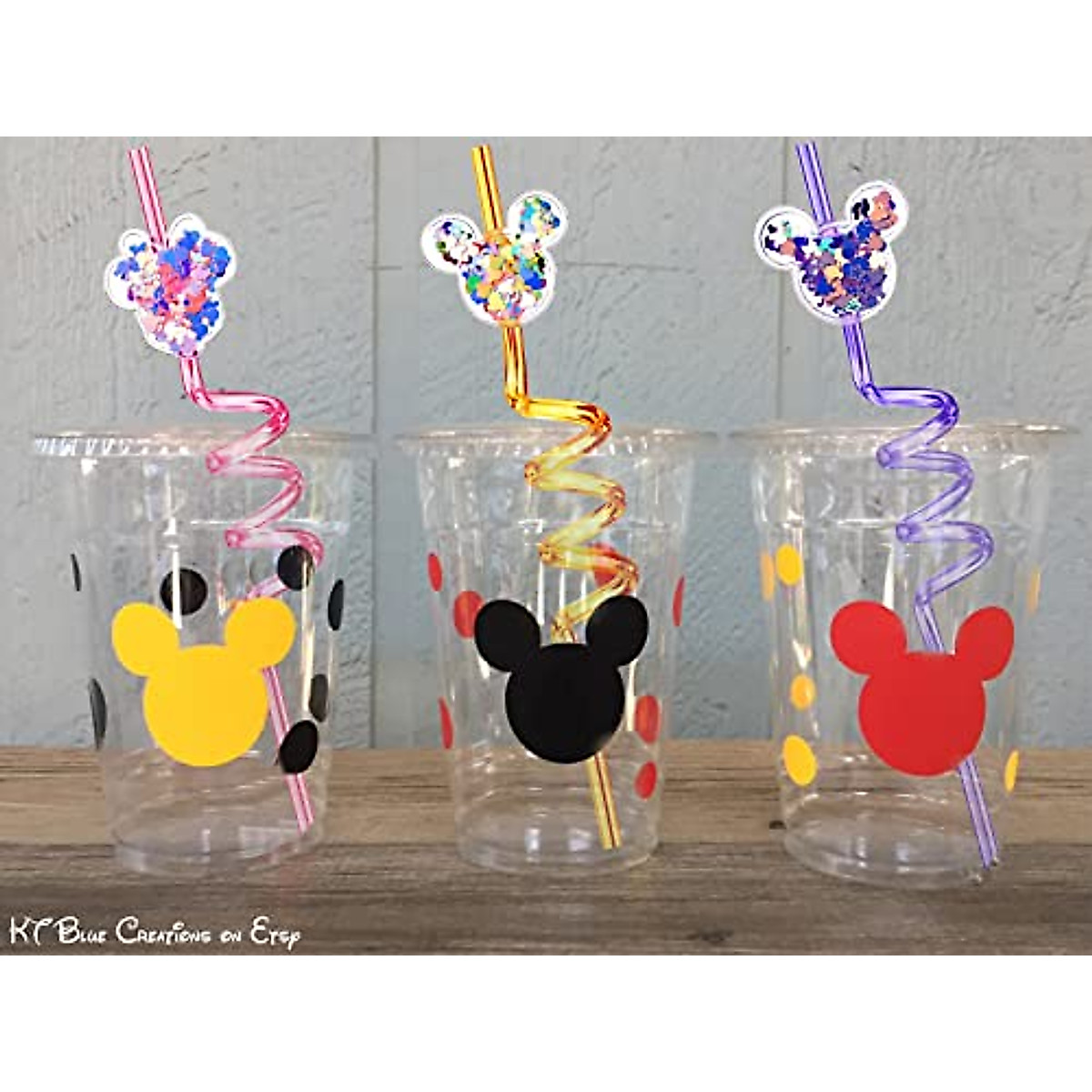Glitter Sequin Mouse Theme Birthday Party Favors Nicky Mouse Straws, Mouse Shape Reusable Plastic Drinking Straws 8 Designs for Kids Birthday Party 24Pcs with 2 Cleaning Brush