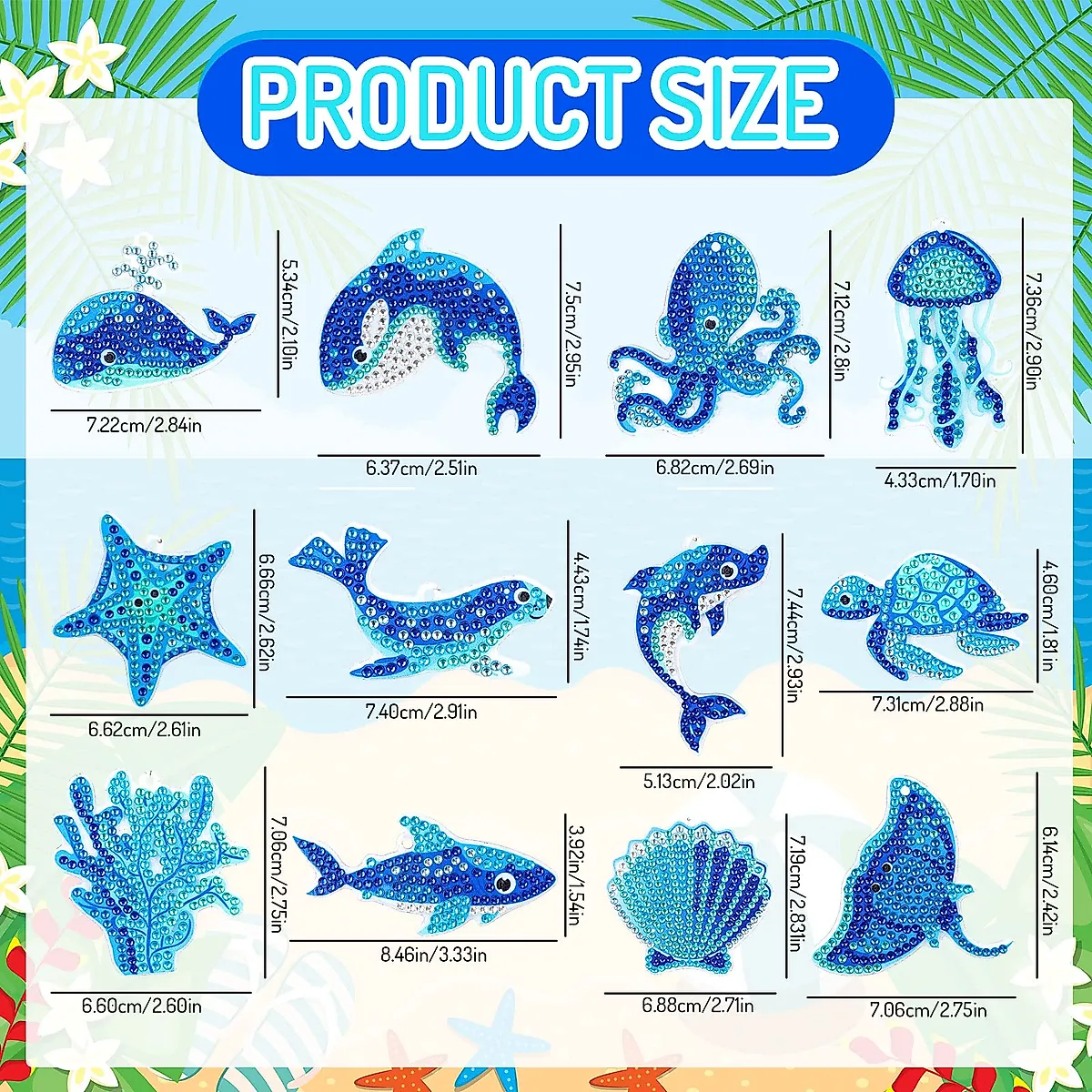 Whaline 12Pcs Summer Diamond Drawing Keychain Kit Ocean Fish Theme DIY Diamond Drawing Pendant Under The Sea Rhinestone Mosaic Making Full Drill Diamond Keychain for Crafts Gift