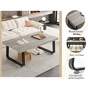 HSH Grey Small Coffee Table, Modern Minimalist Coffee Center Table, Rectangle Simple Wooden Living Room Table, Industrial Wood and Metal Tea Table for Home Bedroom Home Office, Light Grey Oak, 39 in