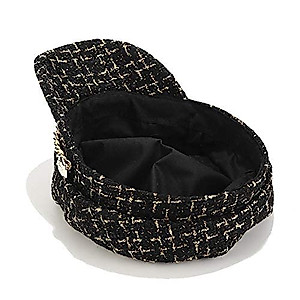 Women Plaid-Tweed Newsboy-Baker-Boy Hat Captain-Sailor Fisherman Hat Peaked-Beret with Chain Black