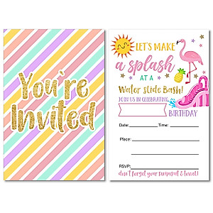 Water Slide Birthday Party Invitations with Envelopes Set of 20 Pink Flamingo Water Splash Bash Pool Birthday Party Invites Fill in Blank
