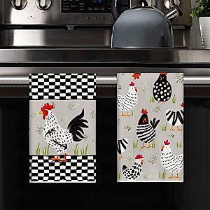 Artoid Mode Geometric Grid Baking Cooking Chickens Kitchen Towels Dish Towels, 18x26 Inch Seasonal Leaves Decoration Hand Towels Set of 4