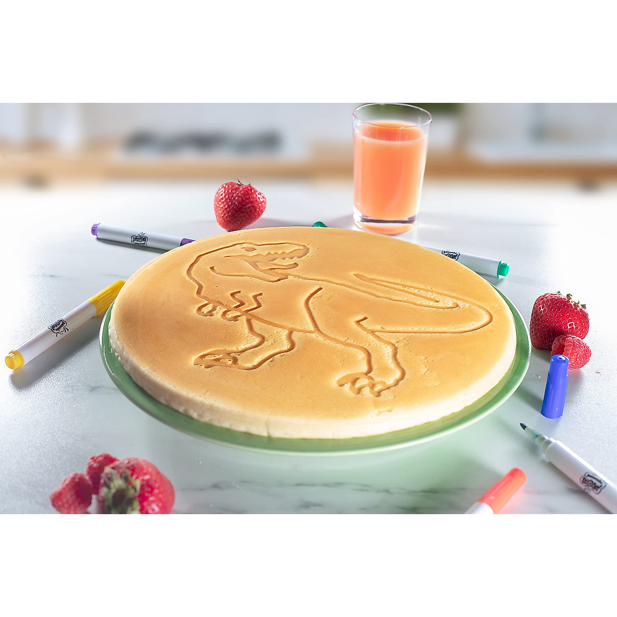 Jumbo Dinosaur Pancake Pan - Make Giant 10" Jurassic Pancakes for Magical Kid's Dino Christmas Breakfast - Includes 6 Edible Markers For Added Family Fun - Non Stick Griddle, Cool Unique Holiday Gift