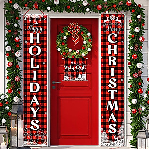 3 Pieces Christmas Plaid Porch Sign Merry Christmas Banner Happy Holidays Banner Welcome Banner Front Door Hanging Sign for Christmas Home Wall Indoor Outdoor Decoration