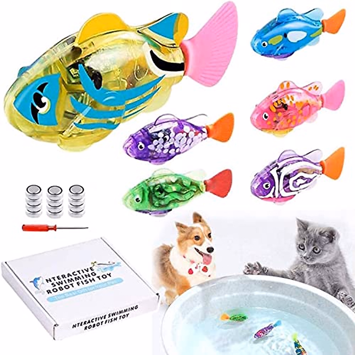 LAVIZO Interactive Robot Fish Toys for Cat/Dog(6 Pcs), Activated Swimming in Water with LED Light, Swimming Bath Plastic Fish Toy Gift to Stimulate Your Pet's Hunter Instincts