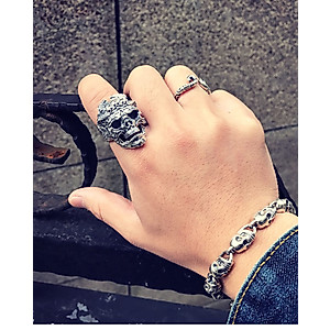 Ring Men's Ring Skull Ring Gothic Stainless Steel Silver Plated Handmade Personality Demon Ring Engraved 3D Pattern Opening (Skull)