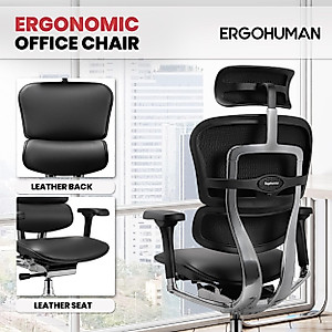 Ergohuman Eurotech LE9ERG Executive High Back Leather Swivel Chair - Office Chair with Tilt Tension Control, Tilt Lock, Back Angle & Height, Synchro Tilt, Seat Height & Depth, & Arm Height Adjustments