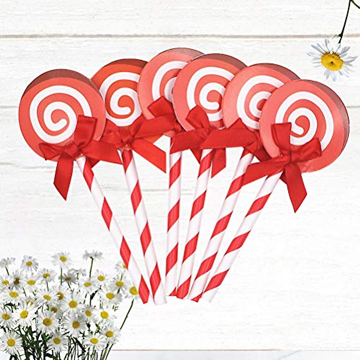 Amosfun Lollipop Cupcake Picks Paper Birthday Cake Toppers Lovely Lollipop Bow Cake Decorations Dessert Table Decorative Supplies Creative Lollipop Cake Insert Red for Party Cake Decortion