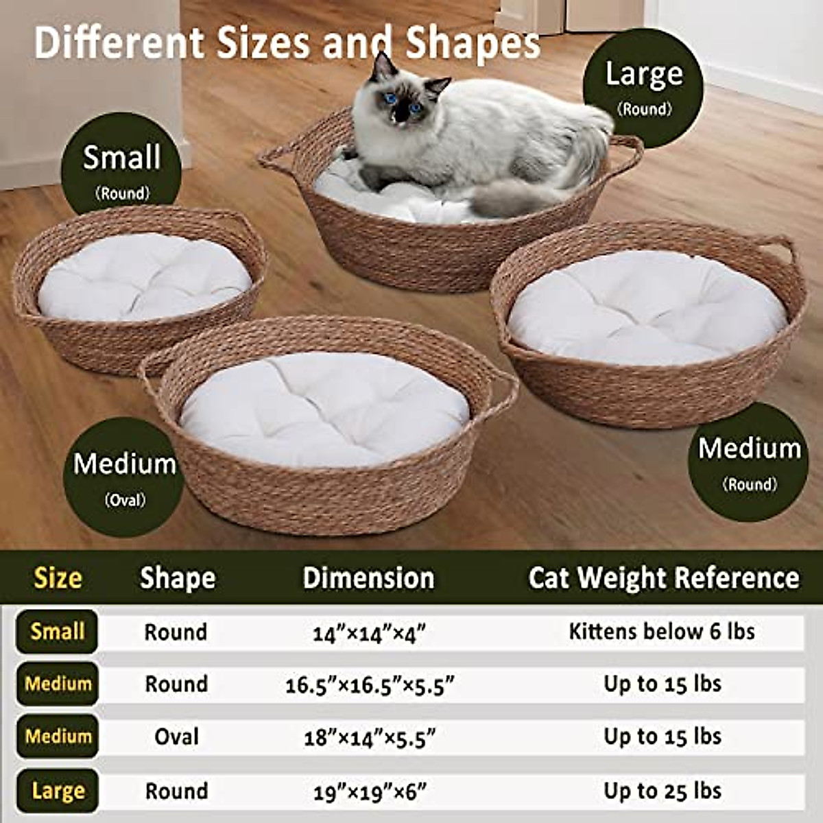 MewMewLand Natural Cat Wicker Bed Basket, Handmade Braided Cattail Leaf Kitten Bed with Soft Cushion Medium Oval