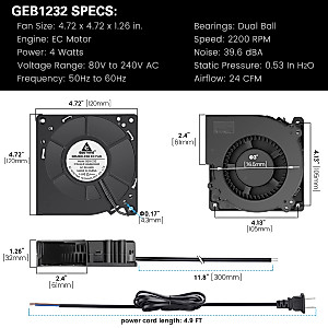 GDSTIME Blower Fan Dual Ball Bearing 120mm x 120mm x 32mm (4.72x4.72x1.26 inch) 110V 115V 120V 220V 240V