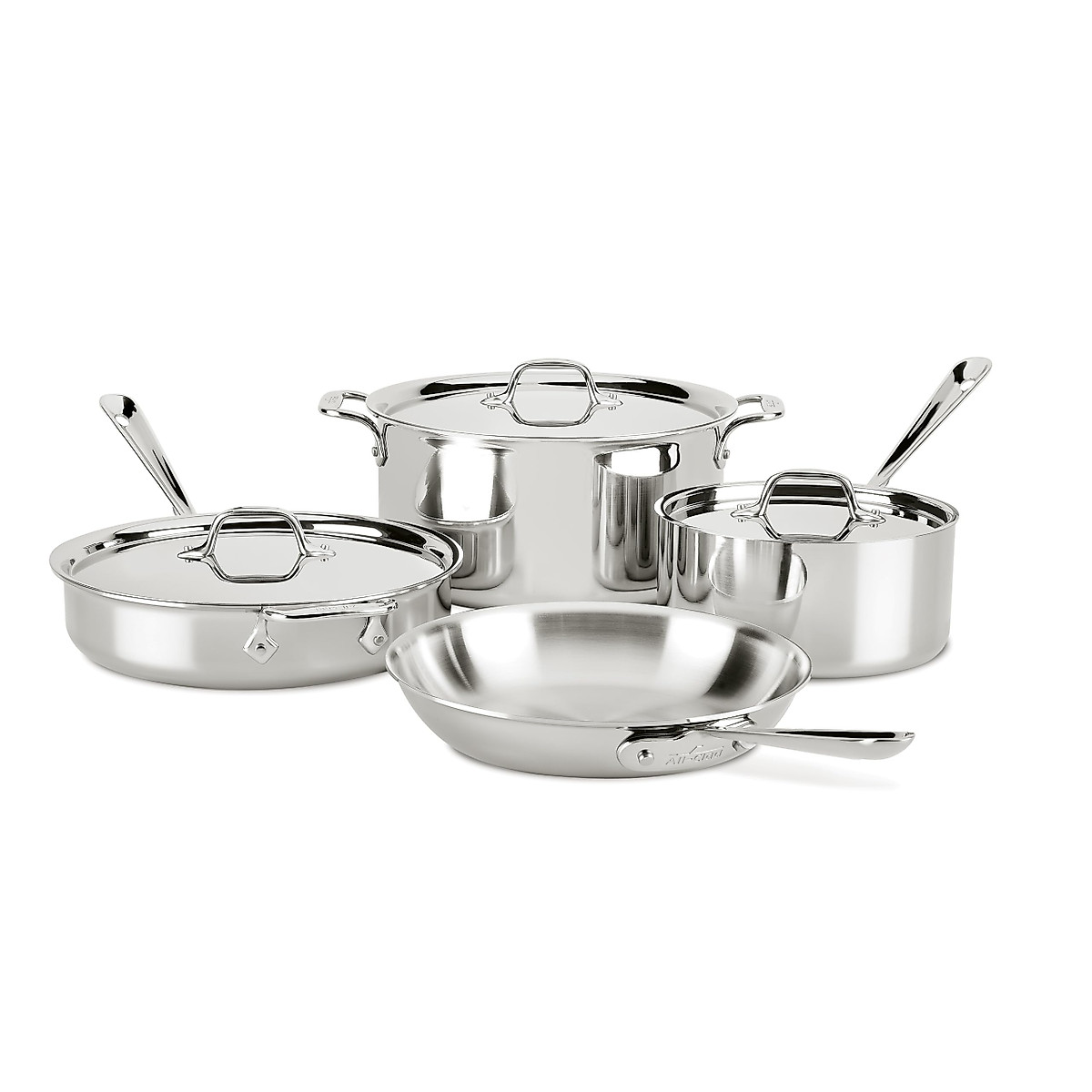 All-Clad D3 3-Ply Stainless Steel Cookware Set 7 Piece, Induction Compatible, Oven Broiler Safe 600F, Kitchen Cooking Set w/ Frying Pan, Sauce Pan, Saute Pan, Stockpot, Professional Pots & Pans Silver
