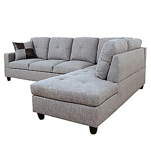 HOMVET Grey Linen Sectional Sofa Furniture Set, L-Shape Couch with Right Chaise, Storage Ottoman, and 2 Toss Pillows,for Living Room/Apartment/Office, Gray