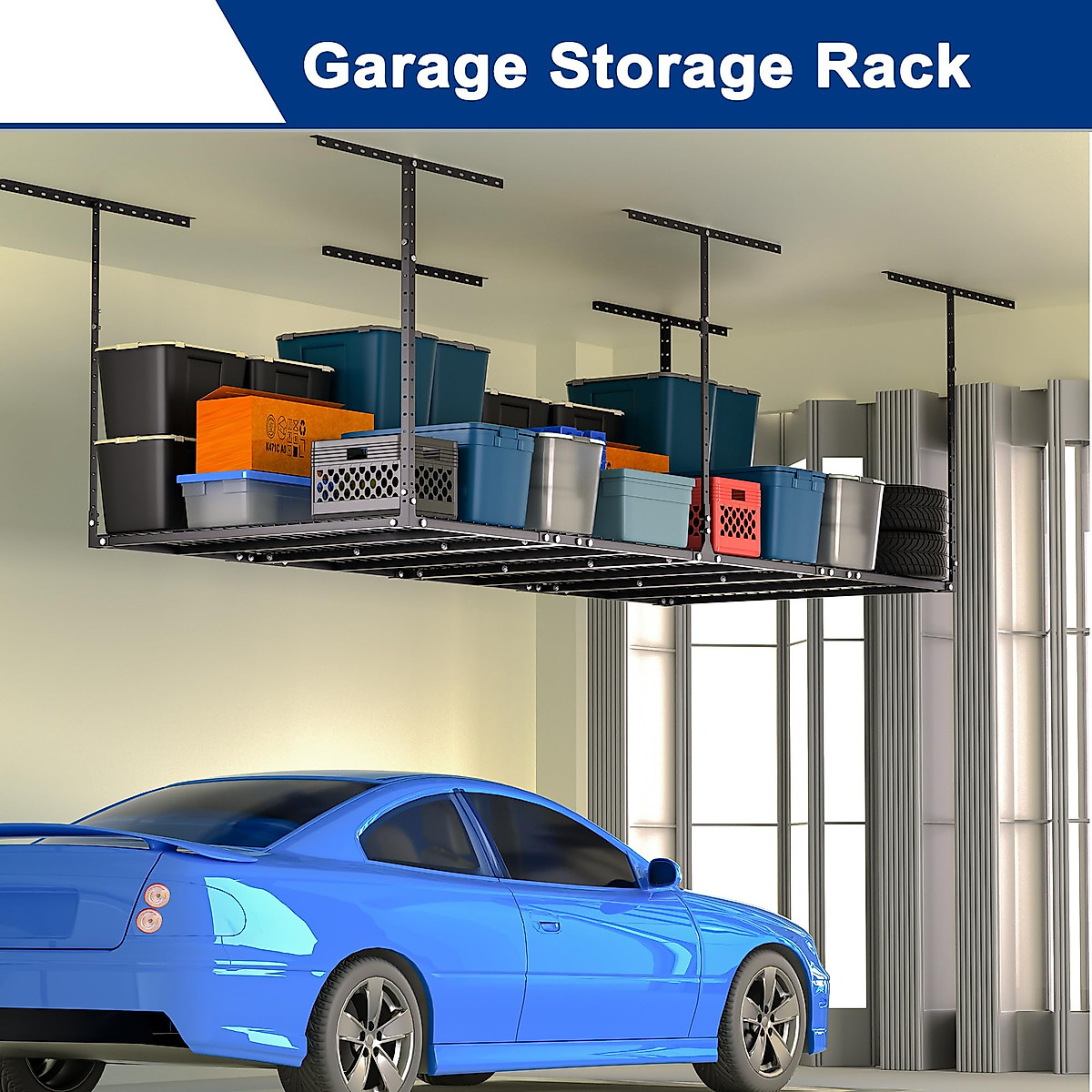 GIOTORENT 3x8FT Overhead Garage Storage Rack, Heavy Duty Metal Garage Ceiling Storage Racks, Adjustable Garage Shelving/Garage Organization/Garage Storage Shelves, 600lbs Weight Capacity, Black