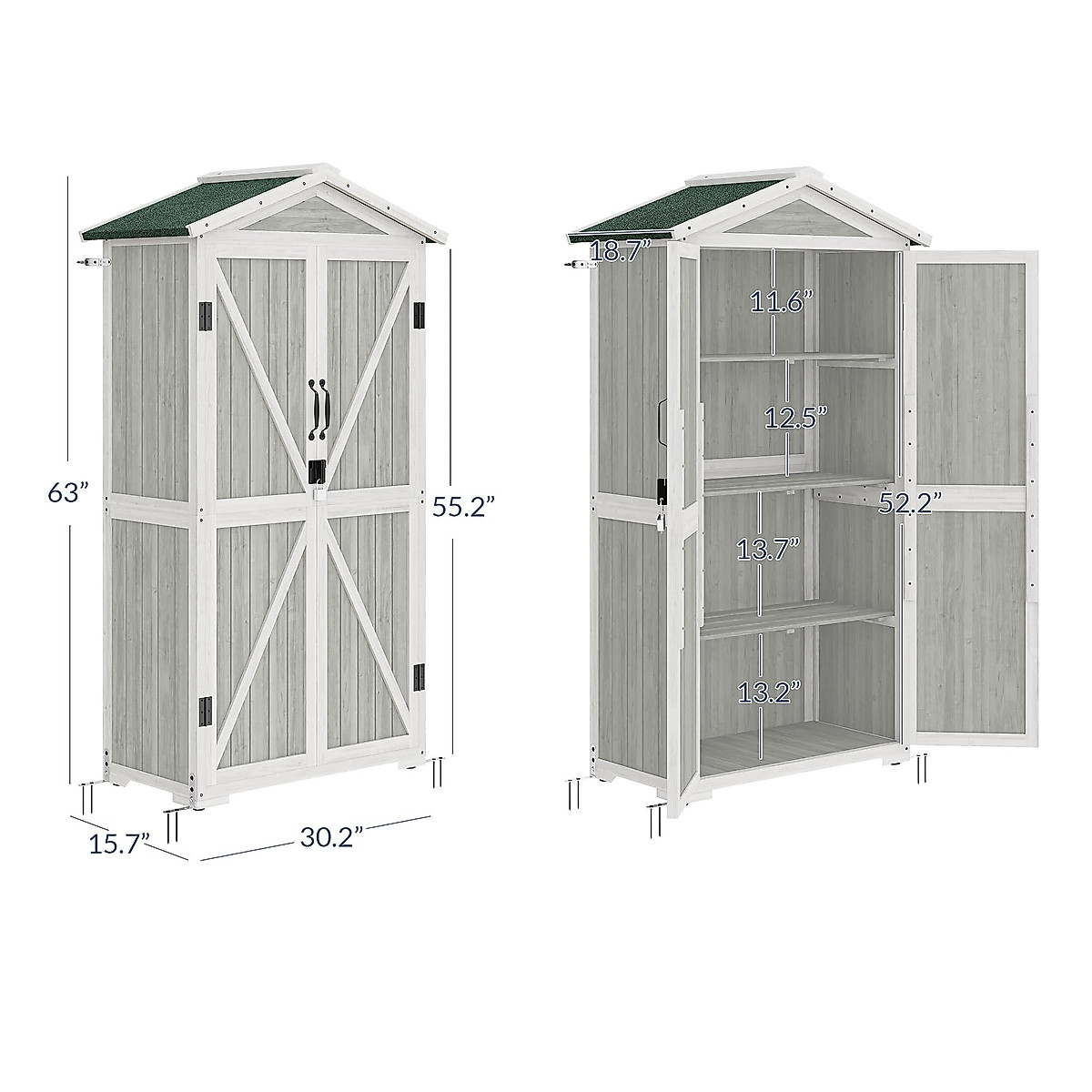 BELLEZE Outdoor Storage Cabinet with 4 Removeable Shelves, Wooden Garden Tall Storage Shed Lockable Tool Storage Cabinet with Waterproof Roof, Outside Tool Shed for Patio Lawn Yard Backyard - Gray