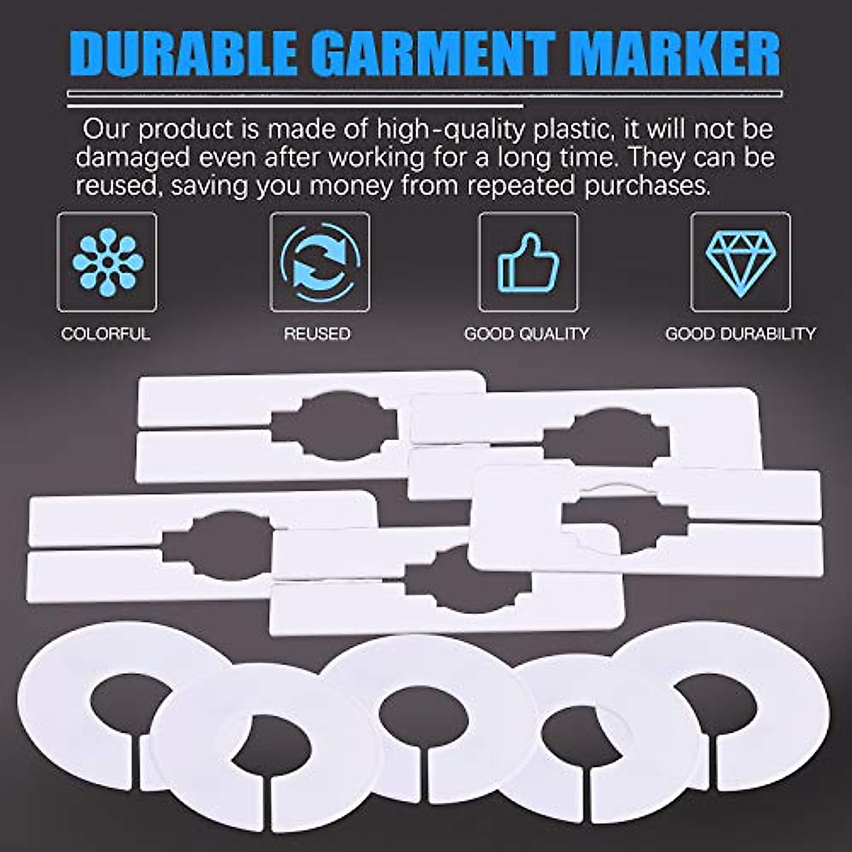 Glarks 46Pcs White Round Clothing Size Closet Rack Dividers Hangers and Rectangular Clothing Rack Size Dividers with 12Pcs White Labels and 5 Marker Pens Used for Home Closet Cloth Store