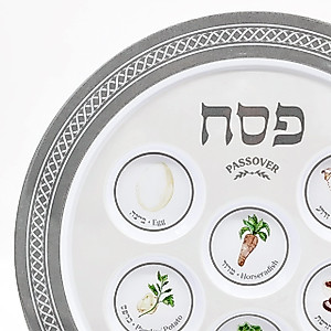 The Dreidel Company Passover Classic Silver Seder Plate, Melamine Silver Design Passover Seder Plates, Traditional Kaarah For Pesach 12" (Single)