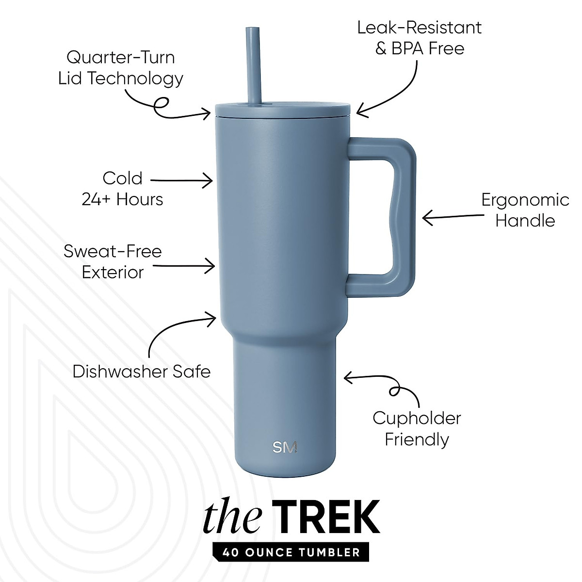 Simple Modern 40 oz Trek Tumbler with Handle and Straw Lid | Cup Holder Friendly Insulated Stainless Steel Travel Mug | Blue Dune