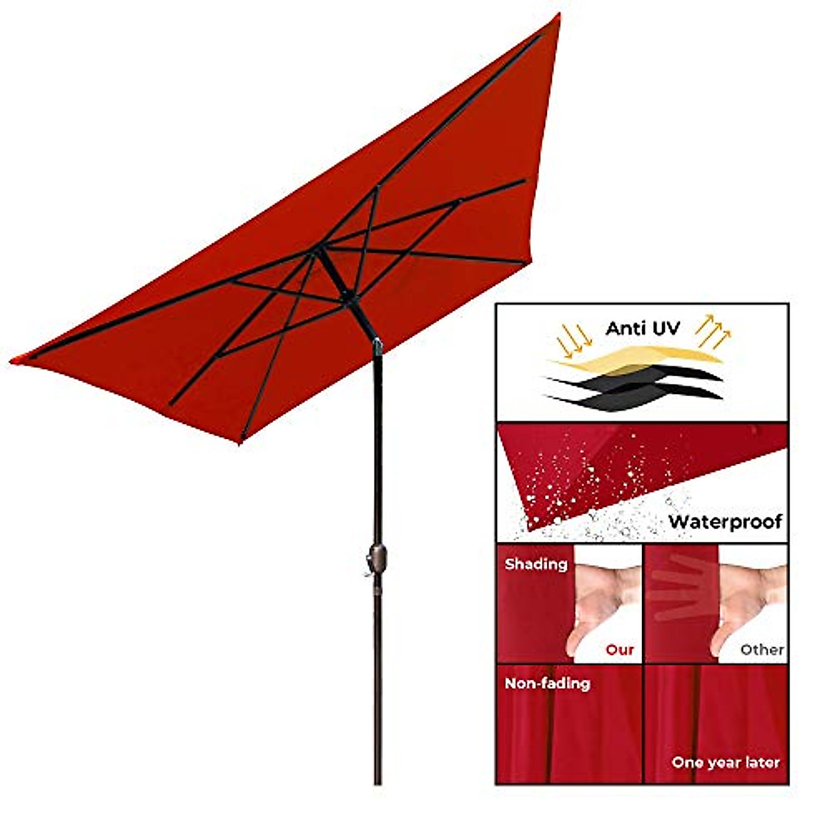 LAUREL CANYON Rectangular Patio Umbrella Market Table Umbrellas Outdoor Umbrella with Push Button Tilt and Crank for Lawn, Garden, Deck, Backyard & Pool, 6.5 x 10ft, Red