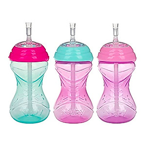 Nuby 3 Piece No-Spill Easy Grip Cup with Flex Straw, Clik It Lock Feature, Girl, 10 Ounce