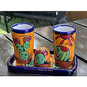 MEXTEQUIL - Authentic Mexican Talavera Tequila Shot Glasse with Tray and Salt Shaker - 2 Shots, 4pieces - Giffable - Artisanal colorful hand-painted (Cactus)