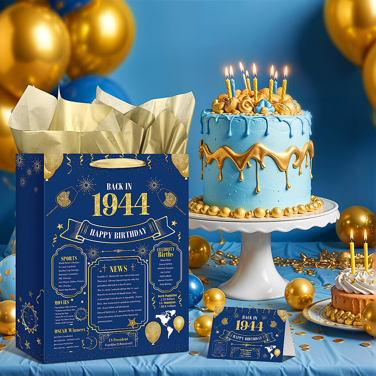 Blue 80th Birthday Gift Bag, 16" Large Size Navy Blue Gold Back in 1944 Happy Birthday Gift Wrap Bag Decorations with Tissue Paper Back in 1944 Card for Men 80 Anniversary Party Wrapping Bags Supplies