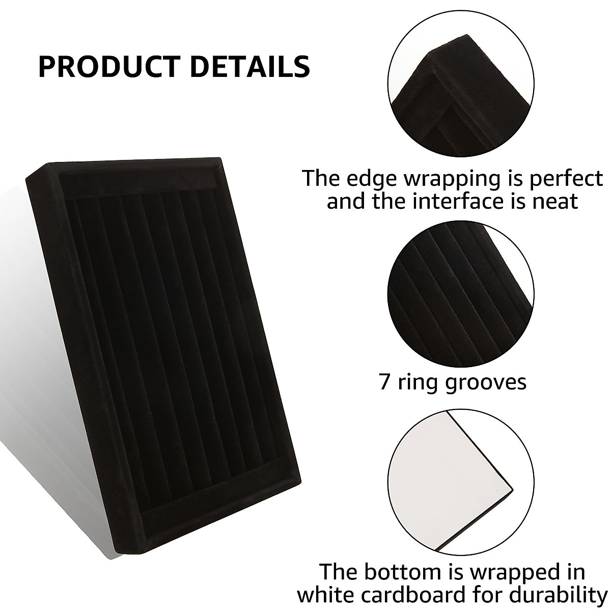 CertBuy 4 Pack Ring Display Tray Jewelry Organizer, Black Velvet 7 Slots Ring Earrings Showcase Trays Holder, Stackable Drawer Ring Display Tray Jewelry Showcase for Multiple Rings Drawer Inserts