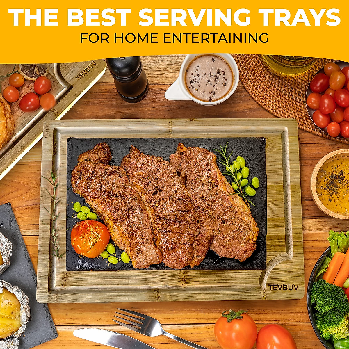 TEVBUV Large Bamboo Cutting Board – 18 x 12-inch Chopping Board with Juice Groove for Meat, Vegetables, Fruits, Cheese – Multipurpose Wooden Cutting Board, Serving Tray, Charcuterie Board with Handle