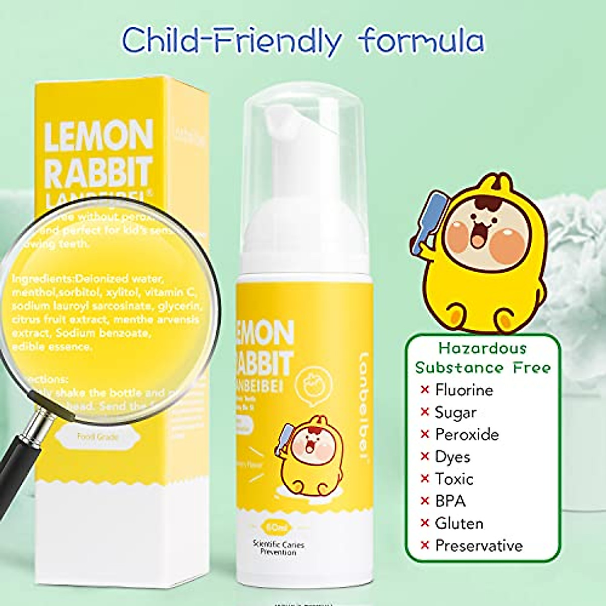 Lanbeibei Kids Foam Toothpaste, Fluoride Free Natural Formula Strawberry Flavor 60ml 1Pack