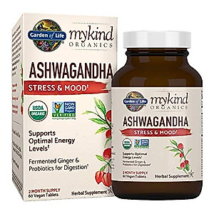 Garden of Life Organic Ashwagandha Stress, Mood & Energy Support Supplement with Probiotics & Ginger Root for Digestion - mykind Organics - Vegan, Gluten Free, Non GMO – 2 Month Supply, 60 Tablets