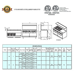 CookRite ATO-6B24G Commercial Liquid Propane Range 6 Burner Hotplates with 24" Manual Griddle 2 Standard Ovens 60'' Restaurant Range- 240000 BTU