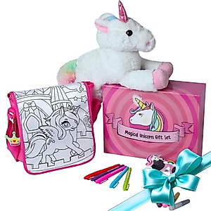 Dazmers Magical Unicorn Stuffed Animals Gift Set - 15" - Plush Unicor with Pink Sunglasses, Purse, Sparkling Gem Stones, Glitter, and 5 Markers - Perfect for Girls Who Love Unicorns, Stuffed Plushie