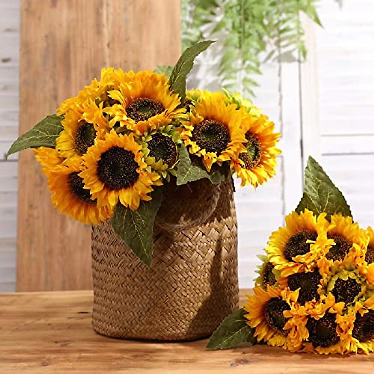 Laelfe 6PCS Artificial Sunflower Flowers Long Stem Silk Fake Sunflowers Decoration for Outdoor Home Wedding Birthday Party Single Bulk Yellow Decor(Dark Center)