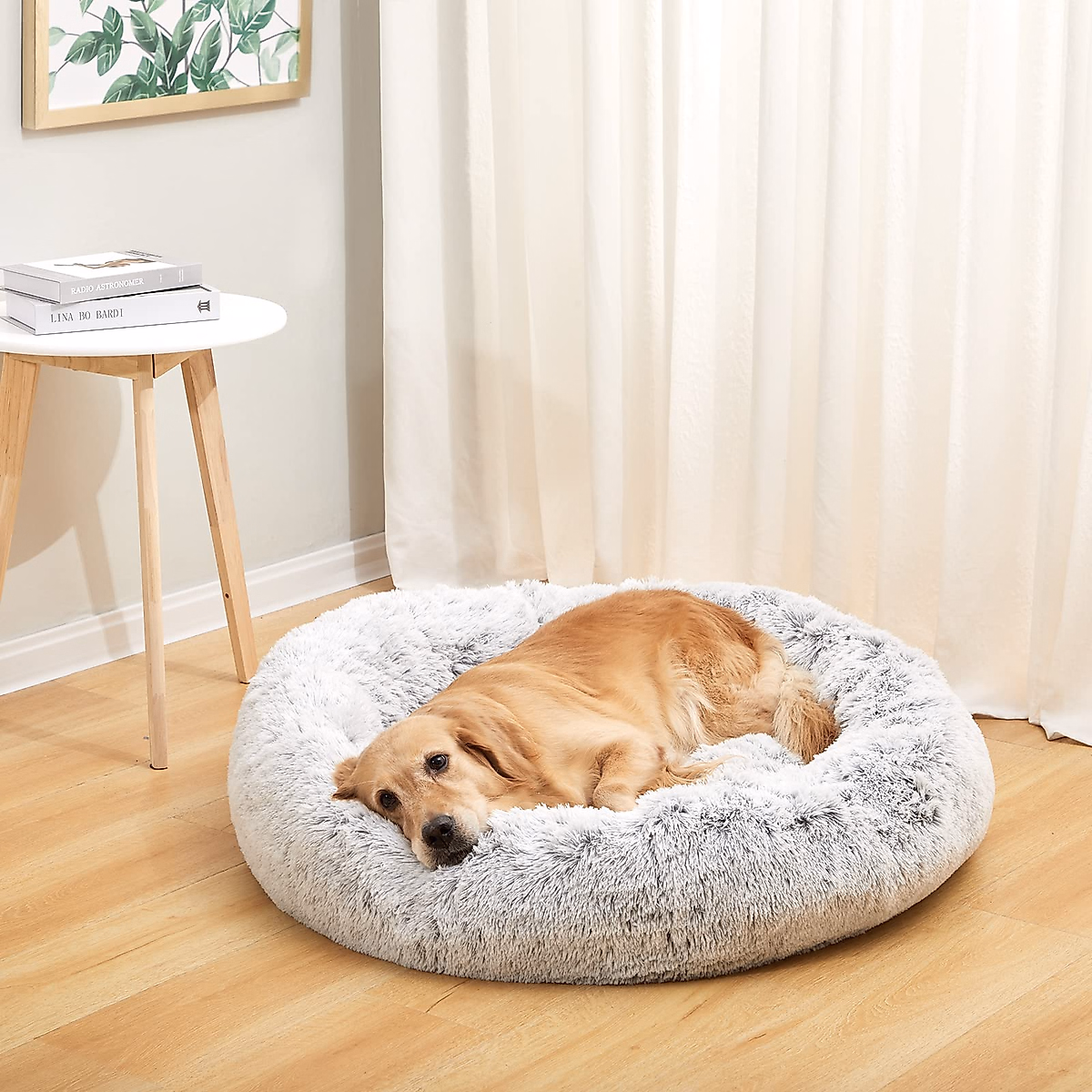 Bedfolks Calming Donut Dog Bed, 36 Inches Round Fluffy Dog Beds for Large Dogs, Anti-Anxiety Plush Dog Bed, Machine Washable Pet Bed (Light Grey, Large)
