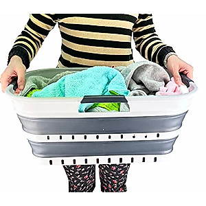 SAMMART 21L (5.5 gallon) Super Mini Collapsible 3 Handled Plastic Basket - Foldable Pop Up Storage Container/Organizer - Space Saving Hamper/Basket (White/Grey)