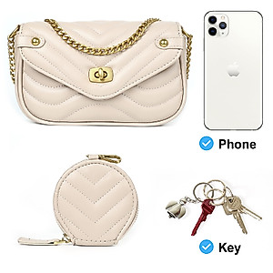 Small Crossbody Purses for Women Pu Leather Chain Quilted Handbag Designer Shoulder Bags Coin Cellphone Purse Set 2pcs (Khaki)