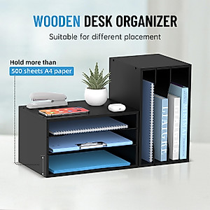 SHARKWOODS 3-Tier Paper Organizer for Desk, Wood Desktop Organizer with Adjustable Letter Tray, Mail Sorter for Office School & Home, Black
