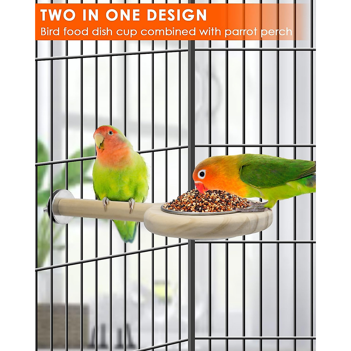 KATUMO Bird Perch Bird Feeding Cup Parrot Wood Perch Stand Toy Bird Cage Accessory for Parakeet Lovebird Conure Budgie Canary Finch Small Parrots
