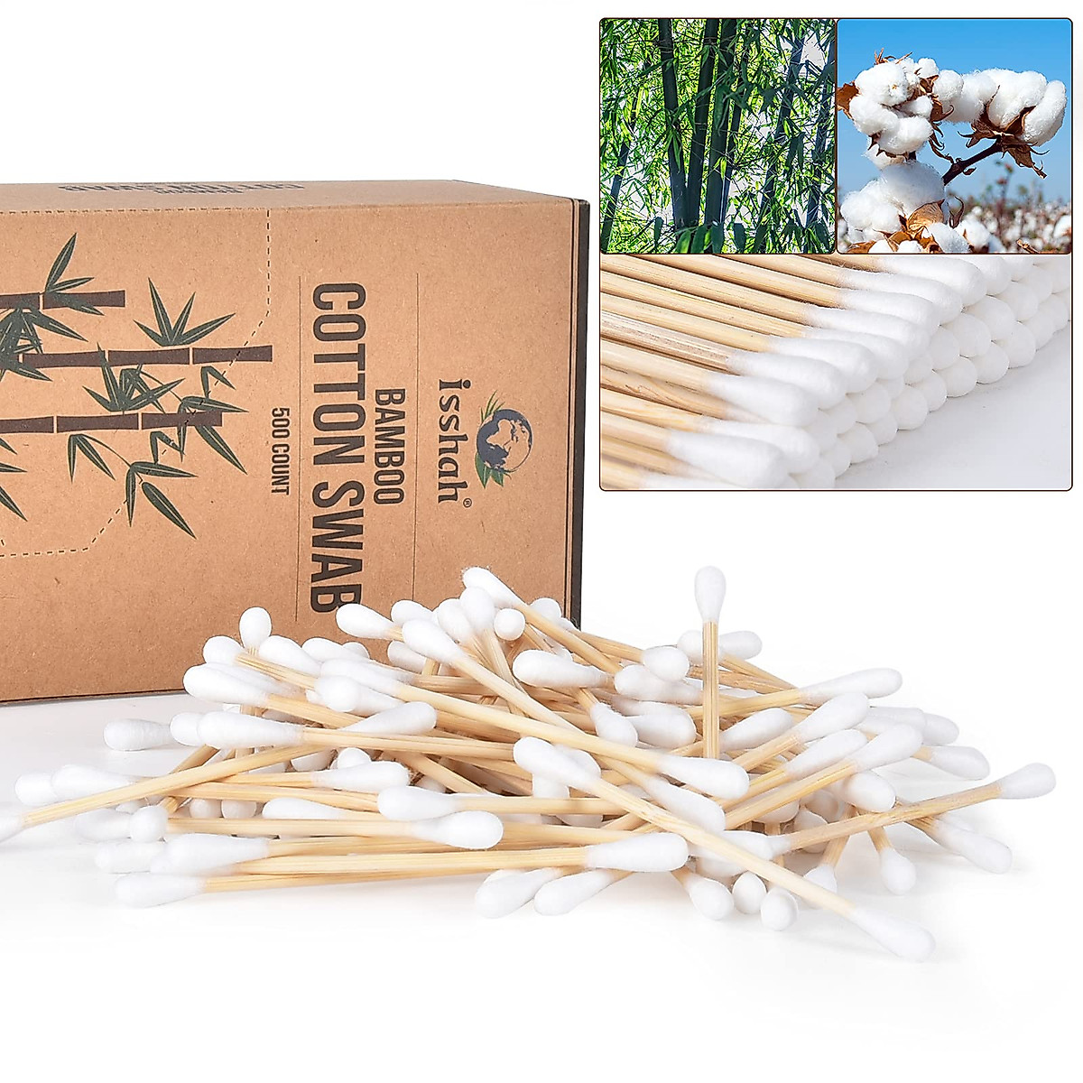 Bamboo Cotton Swabs - 500 Count - FSC Certified and PETA Approved, Eco Friendly Double Tips, Plastic Free Ear Sticks, All Natural 100% Biodegradable Organic Cotton buds by Isshah