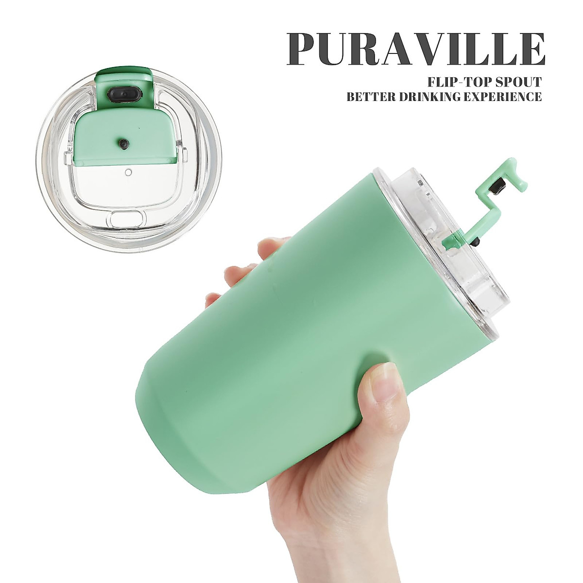 Puraville Insulated Tumblers with Lid, 14 oz Travel Coffee Mug Stainless Steel Vacuum Cup, Leak Proof Reusable Double Walled Coffee Tumbler for Iced and Hot Drinks, Green